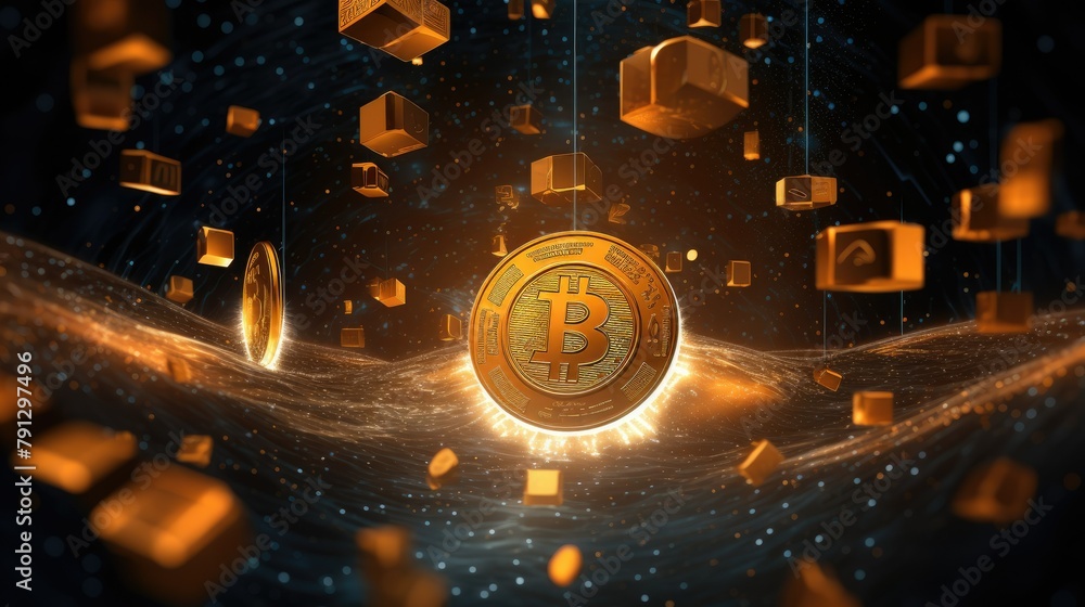 digital currency symbols floating in a virtual space, online ...