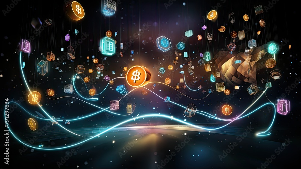 digital currency symbols floating in a virtual space, online ...