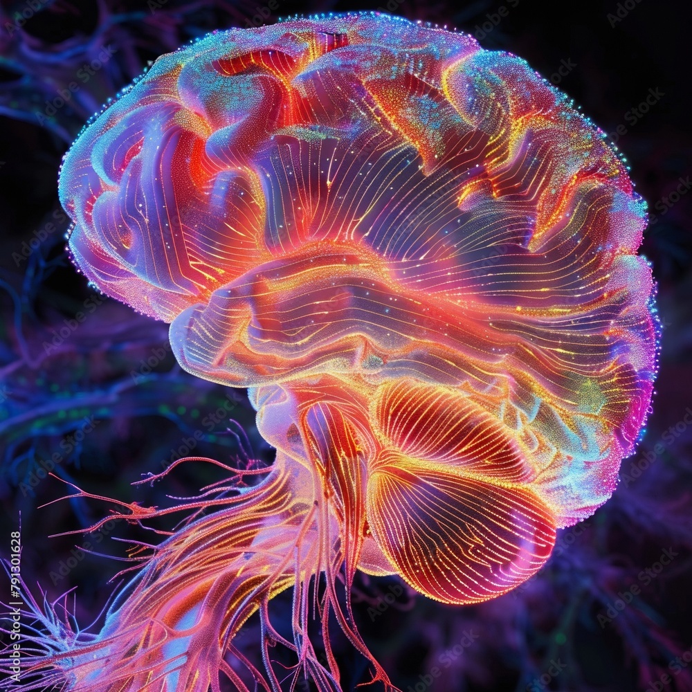 Dynamic cross section of human brain with bright colors and glowing ...