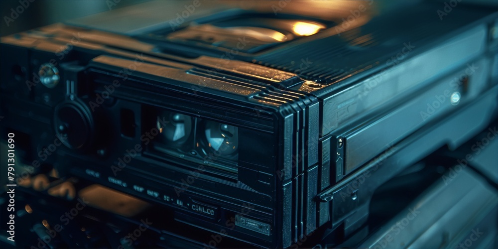 Retro VHS video camera recorder with blue and orange lights on black ...