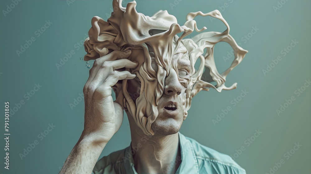 Unrecognizable man face covered with a melting white putty in front of ...