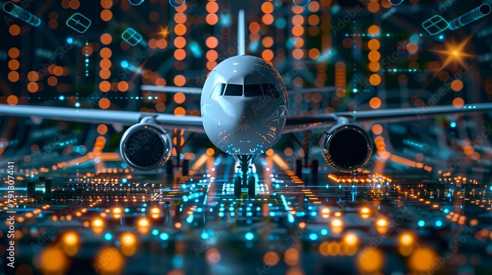 Detailed graphic of an airplane connected to a complex microchip ...