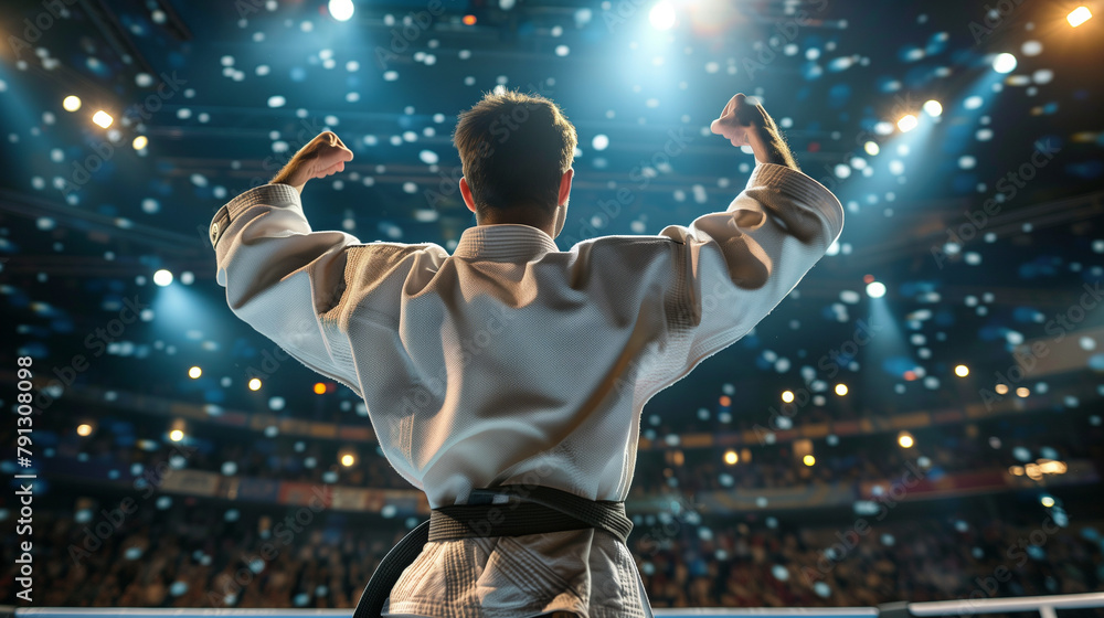 Photo & Art Print A karate athlete raises his arms proudly after ...