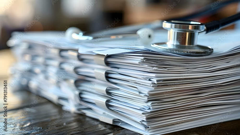 Stethoscope resting on stack of medical paperwork symbolizing ...