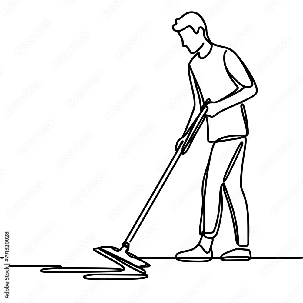 man mopping the floor, one black vector line drawing on white ...