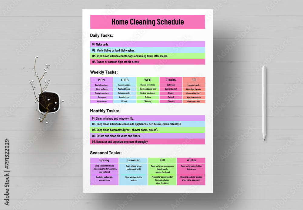 Home Cleaning Schedule Template Stock Template | Adobe Stock