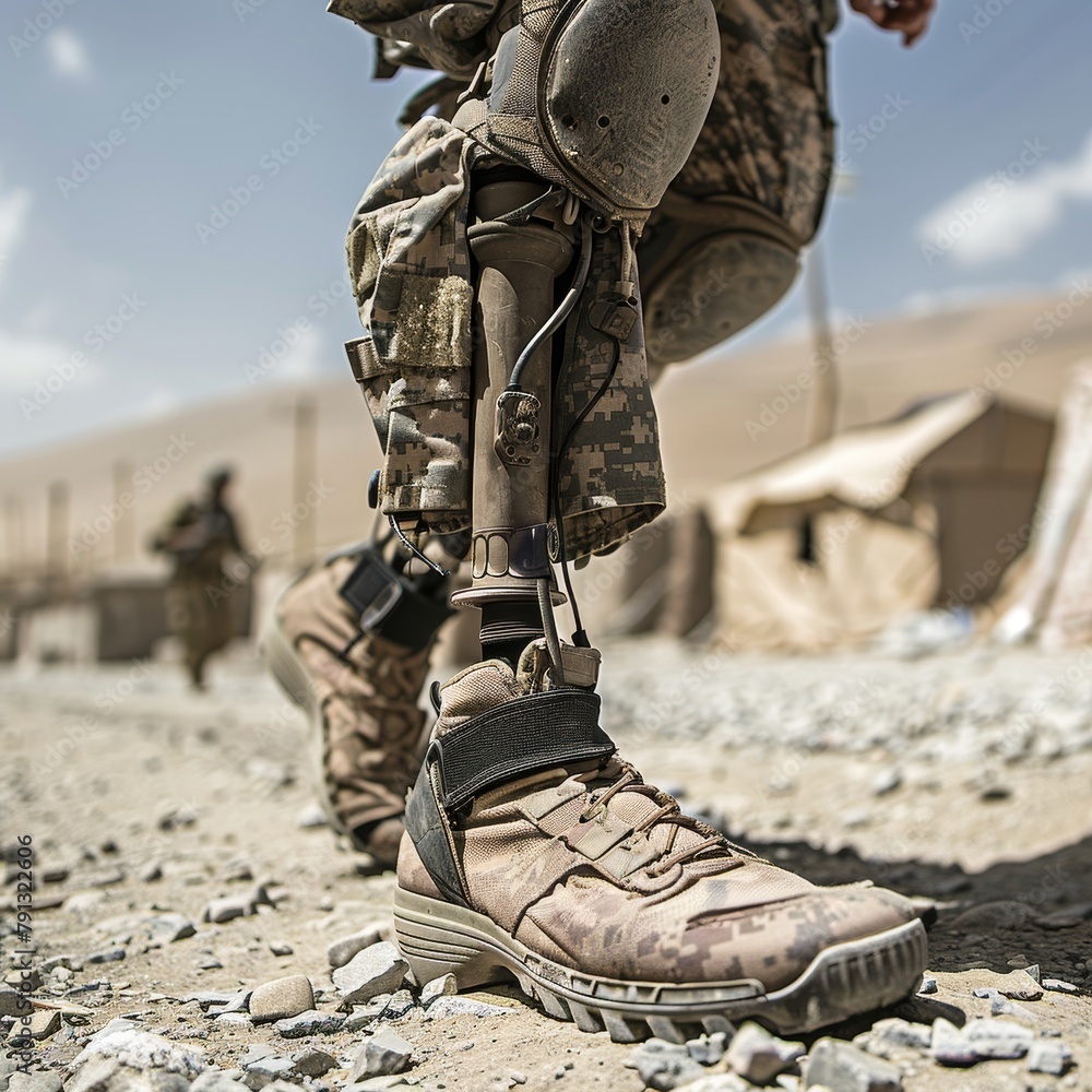 Soldier with prosthetic leg in wheelchair views military base landscape ...