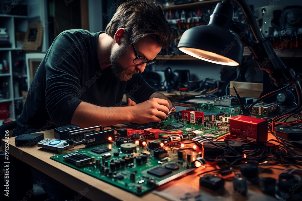 DIY hobbyist building a custom circuit at home, surrounded by ...