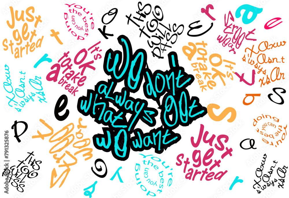 Graffiti words and elements, street art with spray paint drips. Abstract urban wall scribbles ...