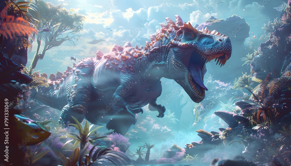 epic illustration showcases a dinosaur thundering through a prehistoric ...