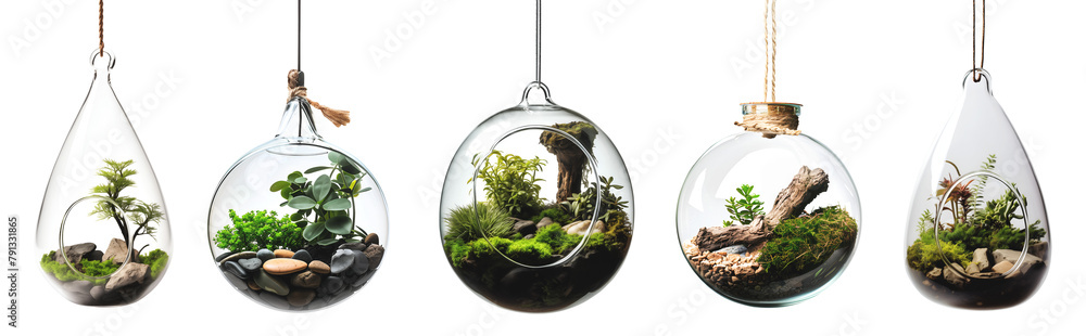 Collection set of hanging glass globe Garden Terrarium on transparent ...