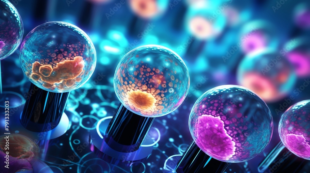 A detailed stock photo of various types of cells under a microscope ...
