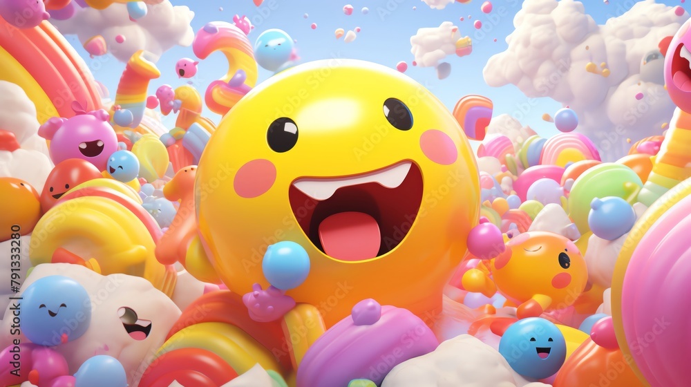 A lively digital art piece featuring a 3D cartoon character bouncing ...