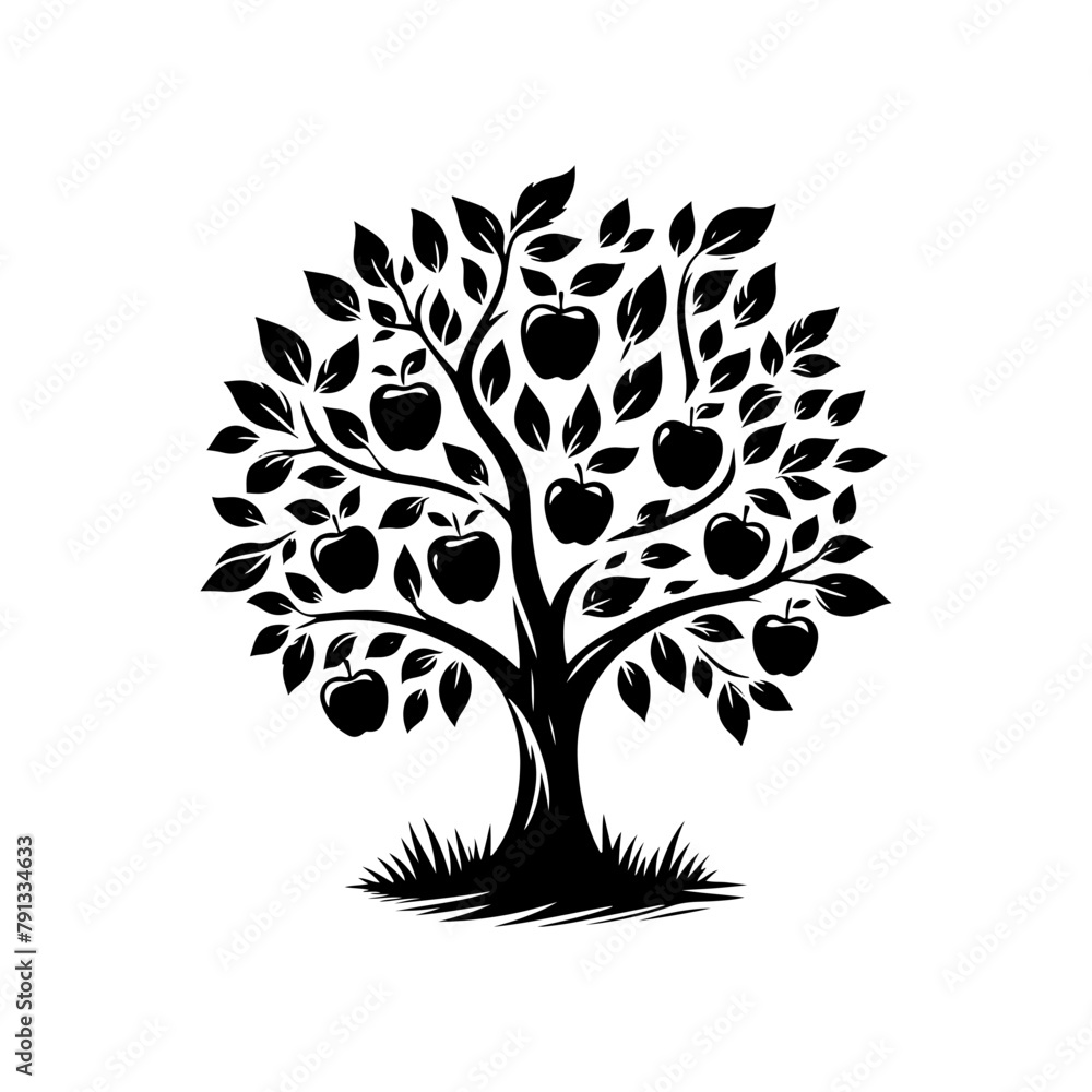 Black Vector Apple Tree Silhouette, a Moonlit Dance of Nature's Bounty ...