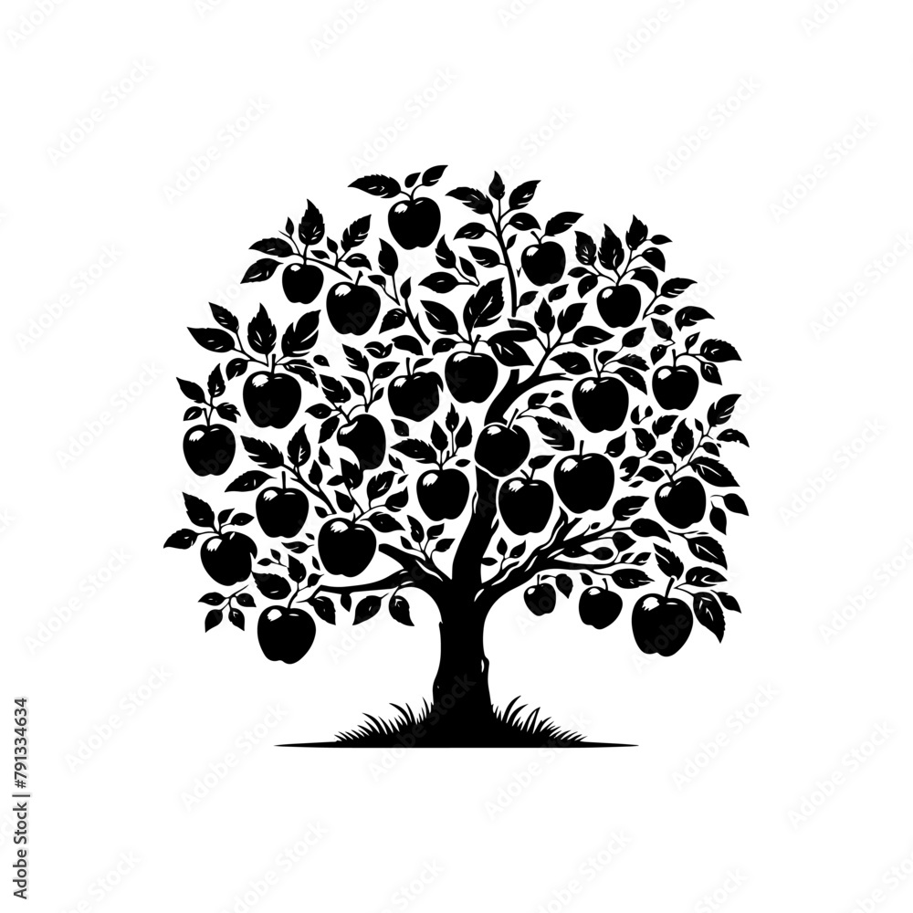 Black Vector Apple Tree Silhouette, a Moonlit Dance of Nature's Bounty ...