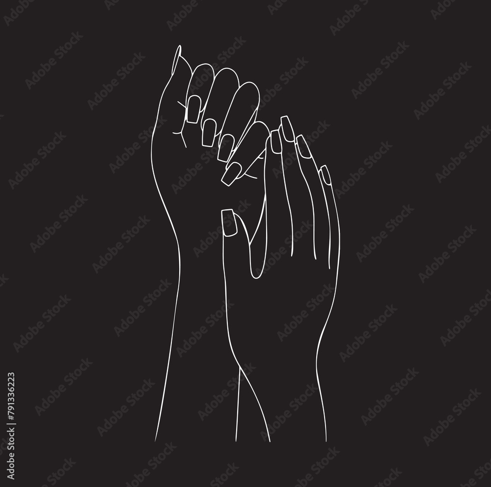 elegant hands with square manicure on a black background vector outline ...