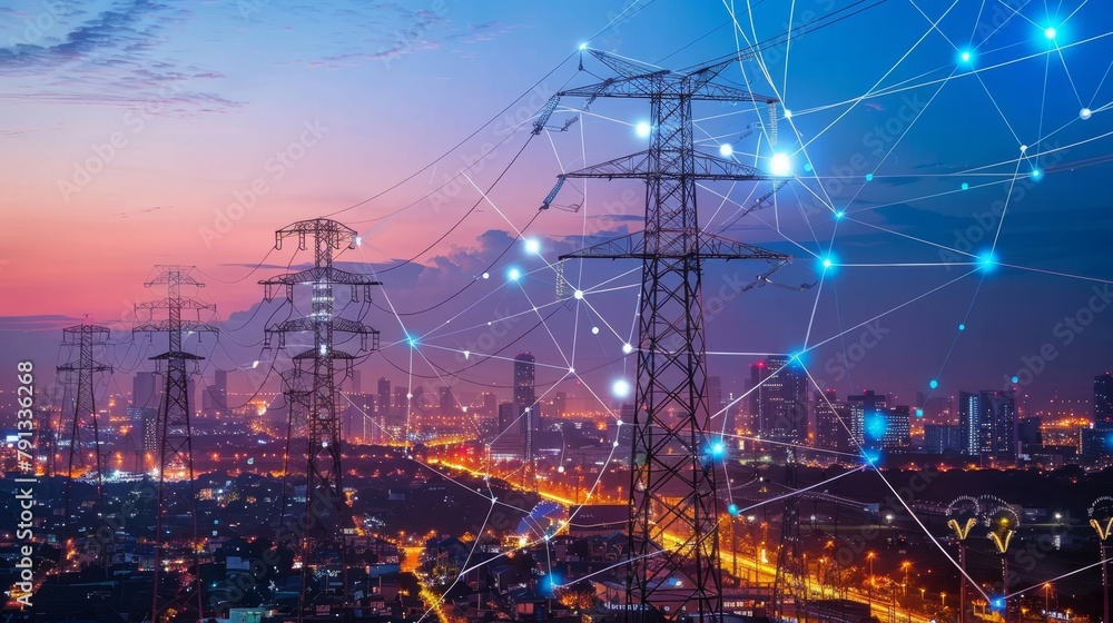 A city skyline with many power lines and a network of lines connecting ...