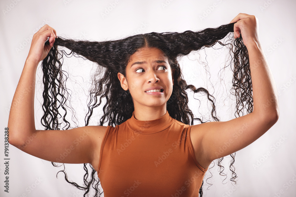 Stress, woman and hair damage with worry from messy hairstyle and ...