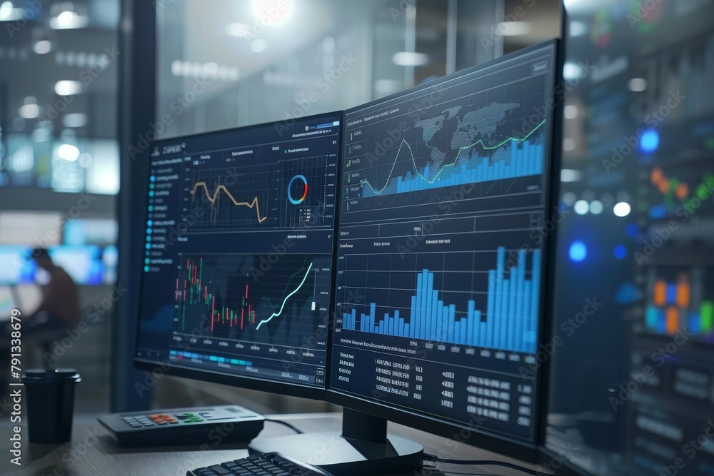 Detailed Financial Data Analysis Displayed on Dual Monitors in a Modern ... Detailed Financial Data Analysis Displayed on Dual Monitors in a Modern ...