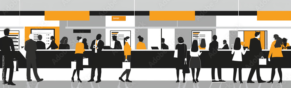 Bank finance office interior with busy bank tellers and bank manager ...