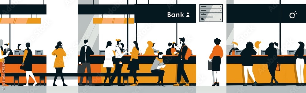 Bank finance office interior with busy bank tellers and bank manager ...