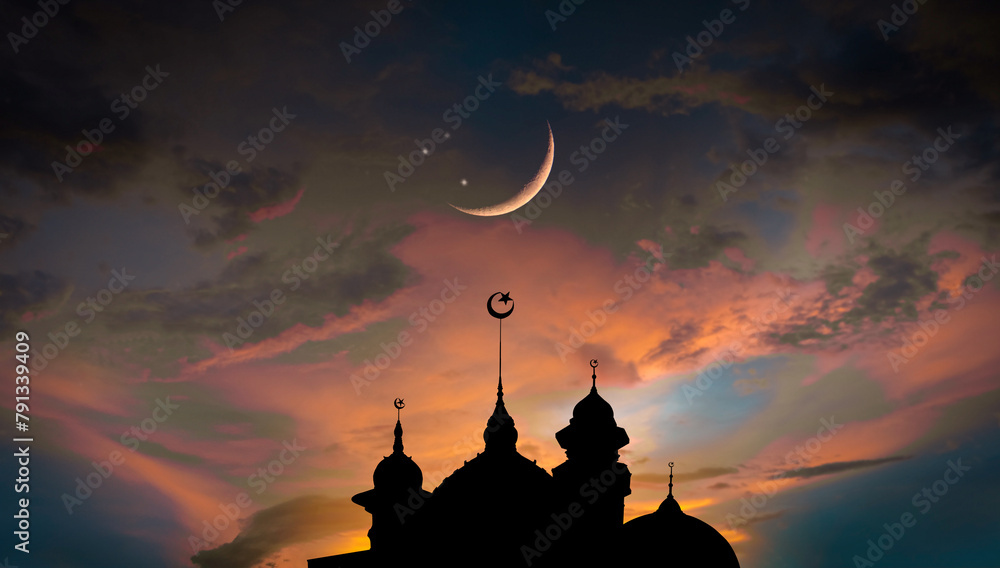 Night sky with crescent moon and stars of Ramadan sky. Mosque dome ...