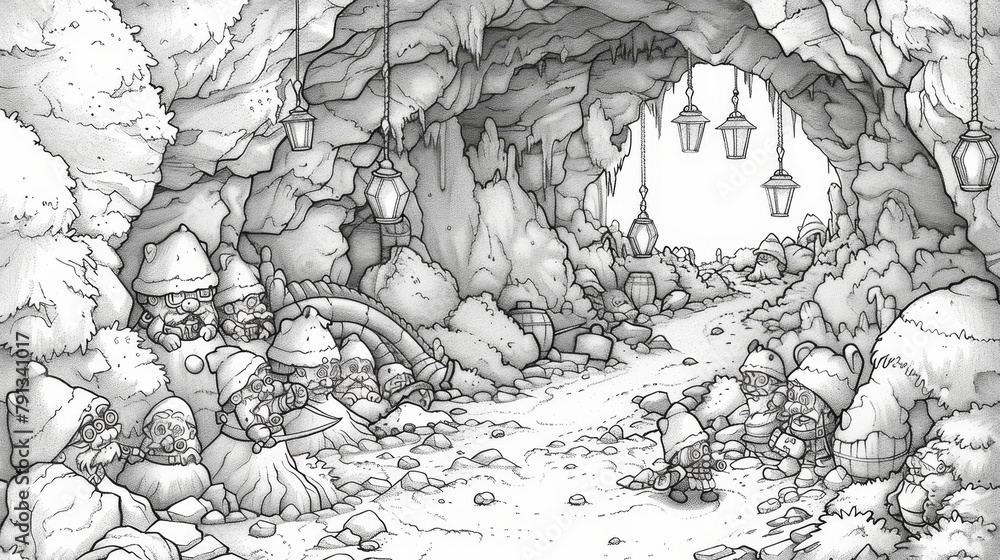 Fairy Tales: A coloring book page showing a group of dwarves mining for ...