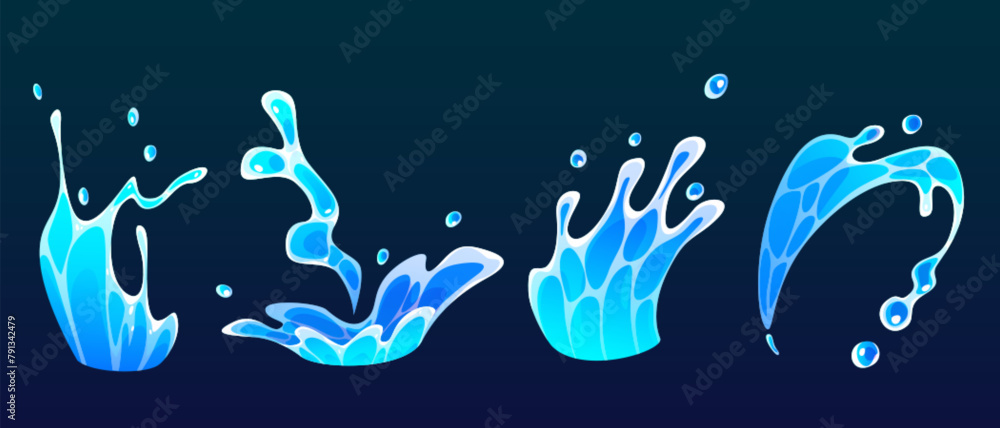 Water splash, drop and cartoon sea wave flow icon. Liquid swirl and ...
