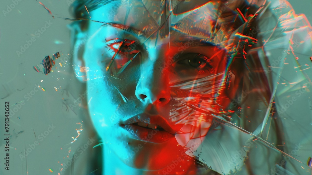 Shattered glass overlays a woman's face in an artistic portrait with a ...