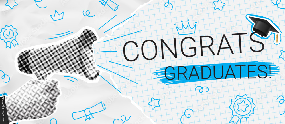 Greeting banner of graduation ceremony. Vector collage with doodles and ...