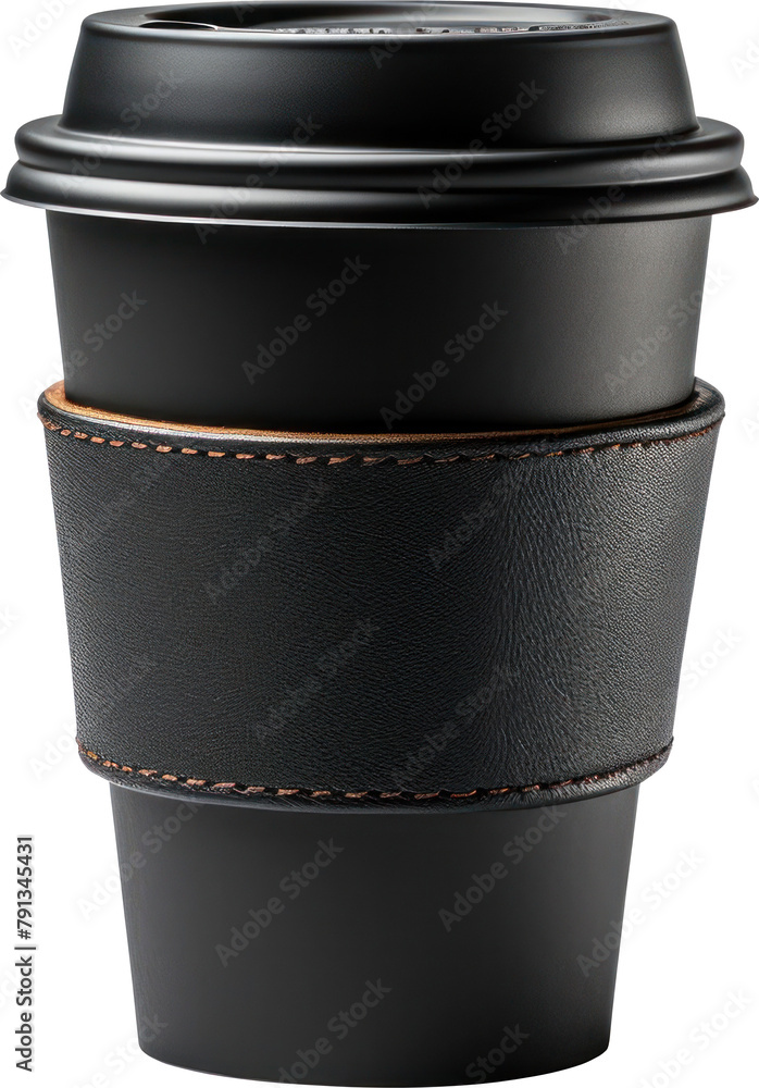 Takeaway black paper coffee cup with sleeve mug isolated cutout on ...