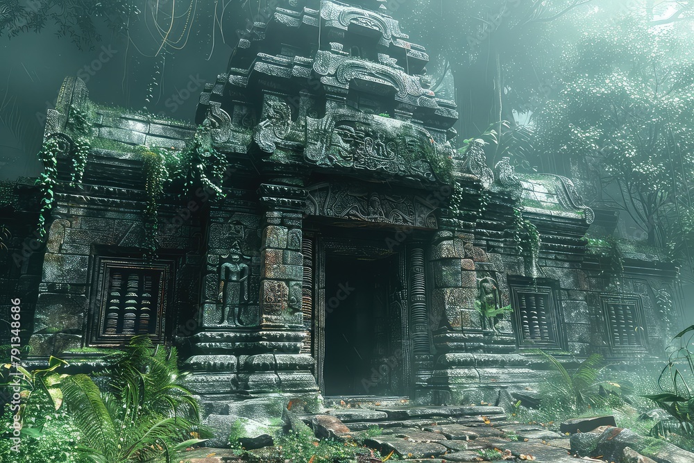An ancient temple lost in the jungle. The temple's interior is a ...