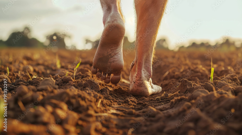 Man farmer feet walking on the ground of a field close to nature and ...