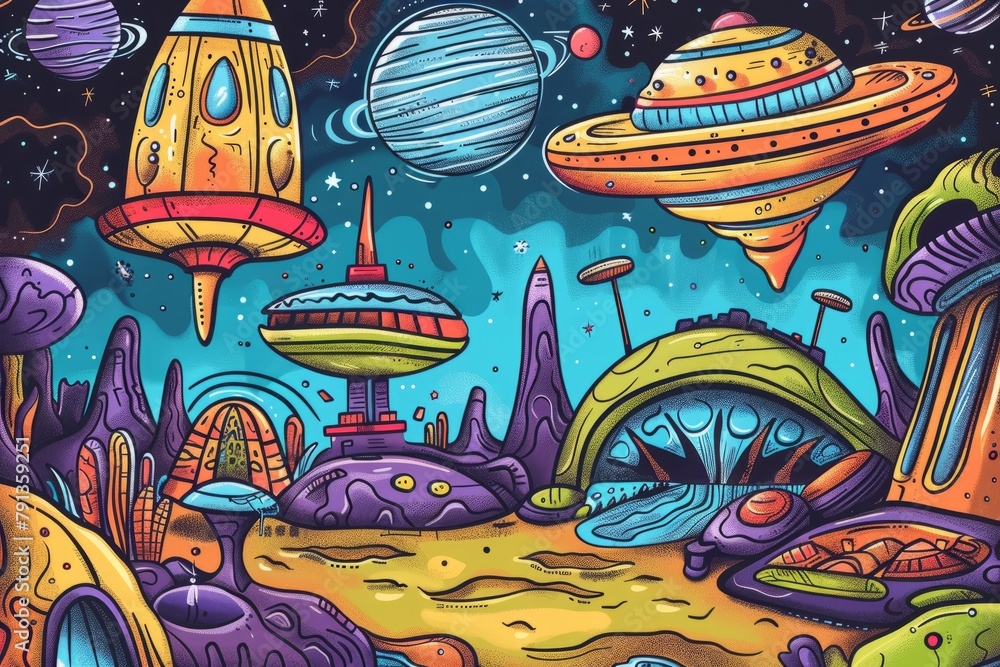 Cartoon cute doodles of a space station playground where kids can ...