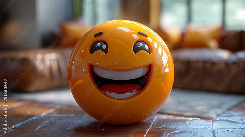 A 3D cute single emoji sticker with a laughing face, positioned on a ...