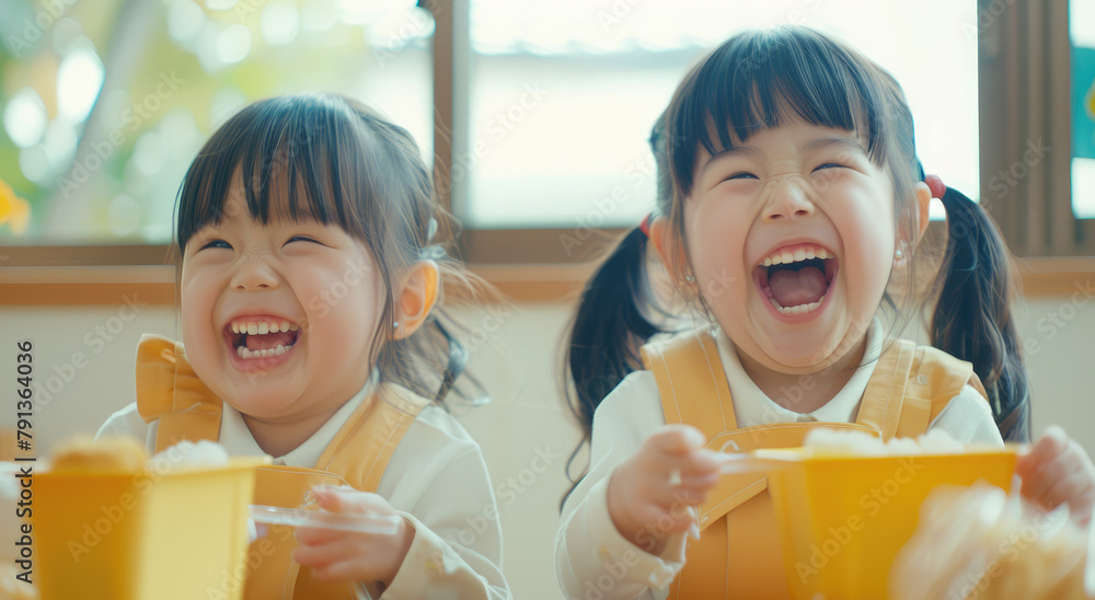 cute Japanese girls eating lunch in the school cafeteria, laughing and ...