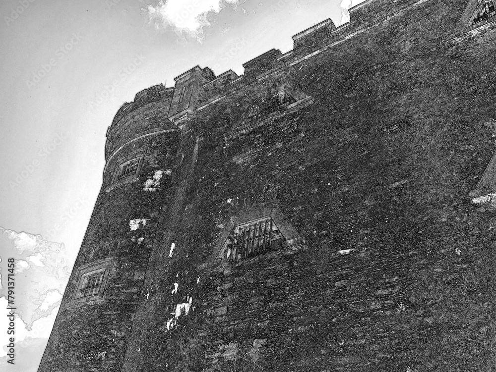 Old celtic castle tower and a house. Ancient Irish architecture ...