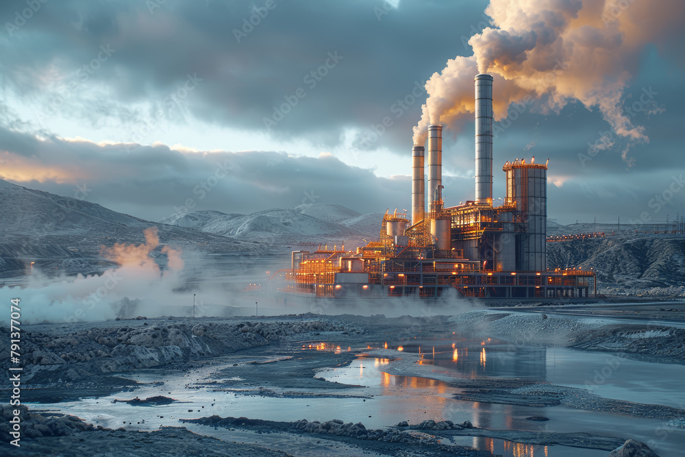 A geothermal power plant harnessing the Earth's heat to produce electricity. Concept of ...