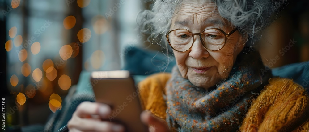 Elderly woman happily using smartphone app at home for socializing and ...