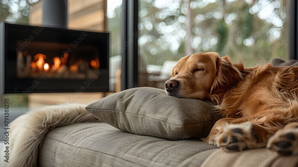 Dog relaxing lying down on couch, cute happy golden retriever puppy ...