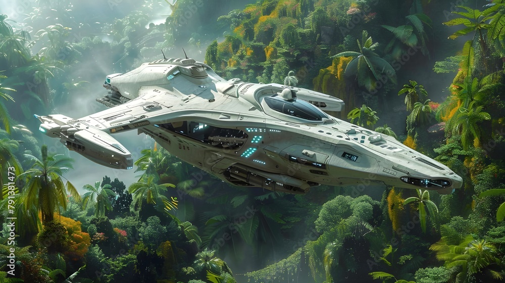 Spaceship flying saucer ufo above mountain at alien planet, futuristic ...