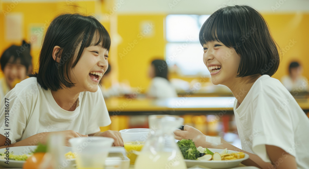 cute Japanese girls eating lunch in the school cafeteria, laughing and ...