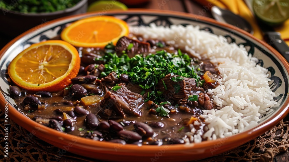 colorful plate of Brazilian feijoada, a hearty stew of black beans ...