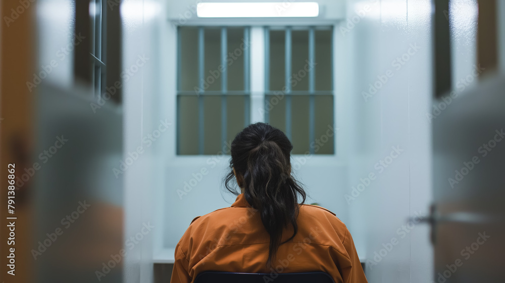 Back view of an individual in an orange jumpsuit sitting in a jail cell ...