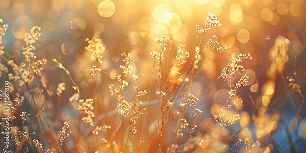 Blurry image of withered blooms and vegetation in a field during a ...