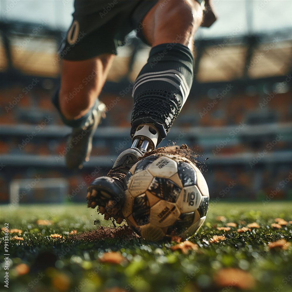 Disability person playing football or soccer with bionic leg, robotic ...