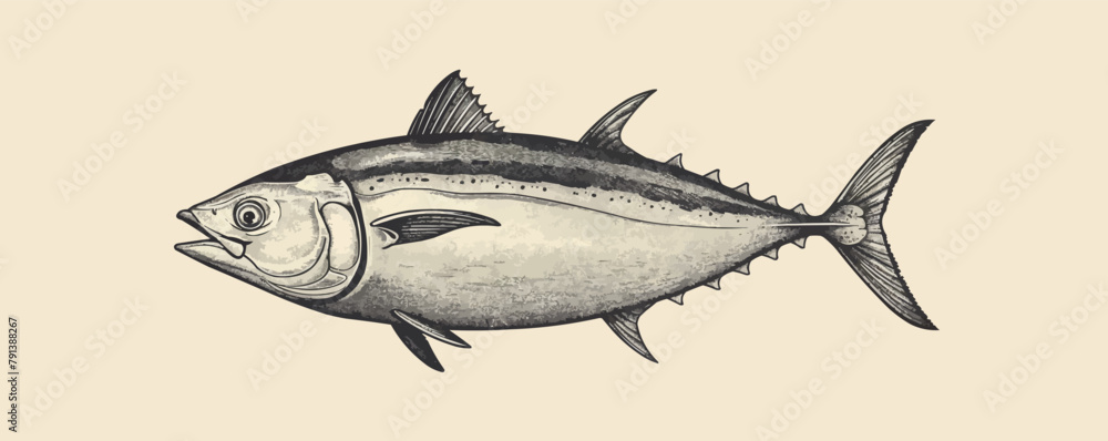 Bluefin Tuna - Hand drawn illustration of a Bluefin tuna in a vintage ...
