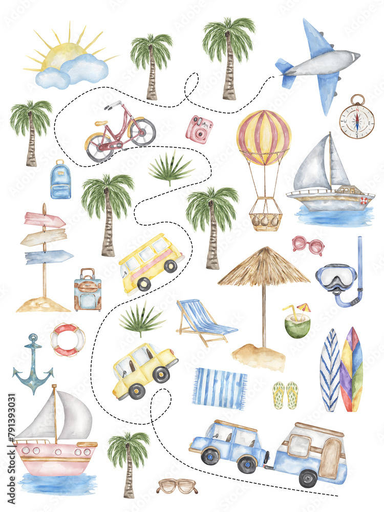 Watercolor Educational travel ABC poster with elements and objects ...