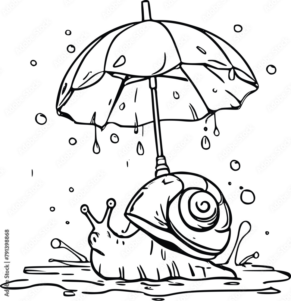 Cute Snail Holding an Umbrella in the Rain outline doodle cartoon ...
