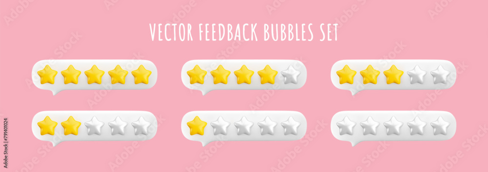 Vector 3d feedback bubbles set. Star rating system from worst to best ...